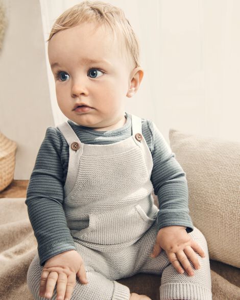 Baby Organic Cotton Sweater Knit Overalls in Heather Grey - Little ...