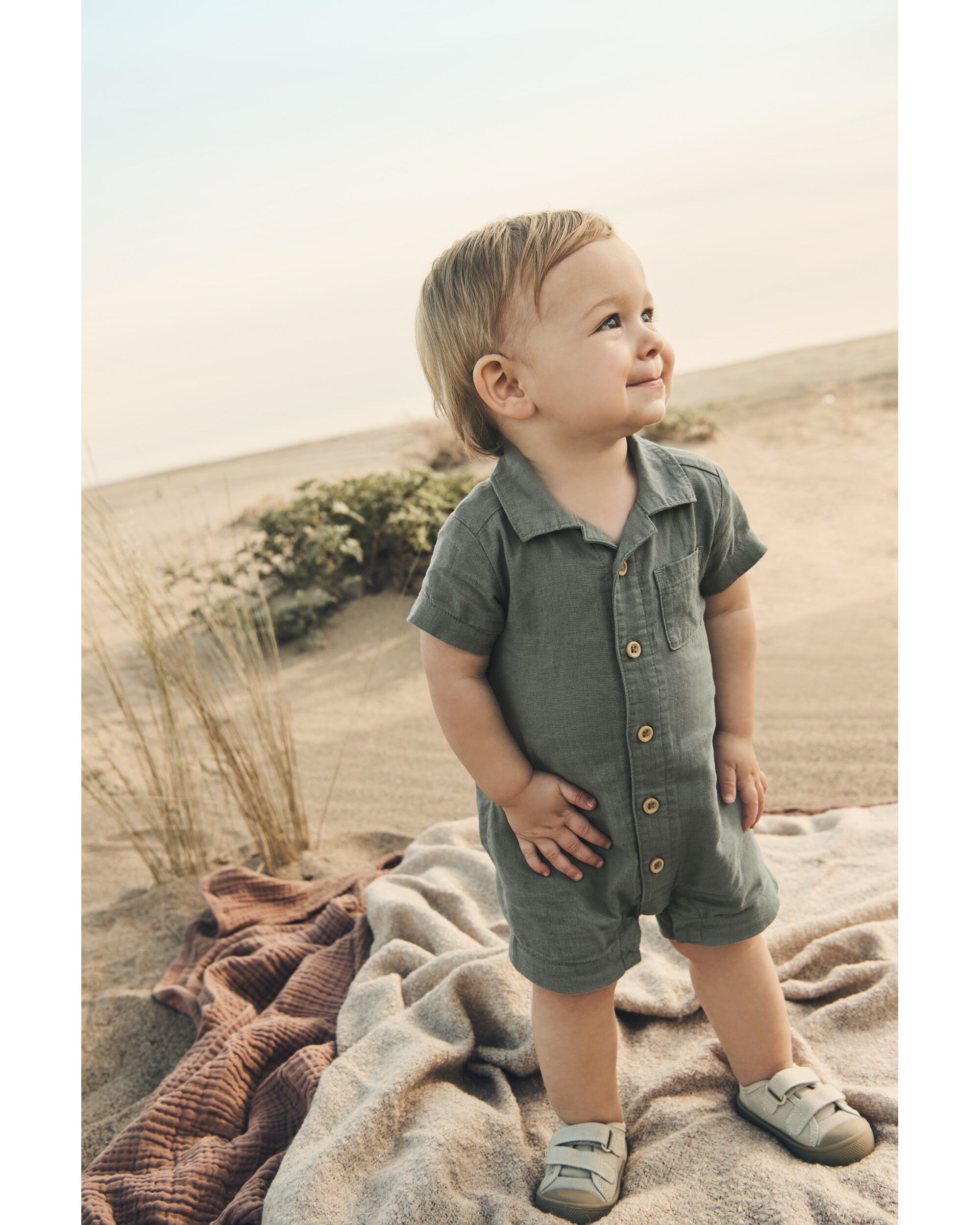 Baby Linen Blend Button Front Romper Little Planet Carter s
